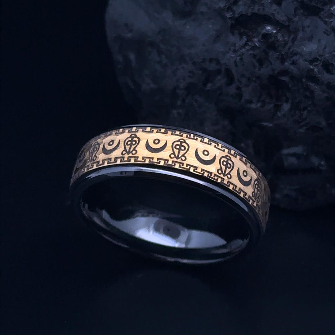 Custom Engraved Adinkra Tungsten Wedding Ring Yellow Gold Plated ...