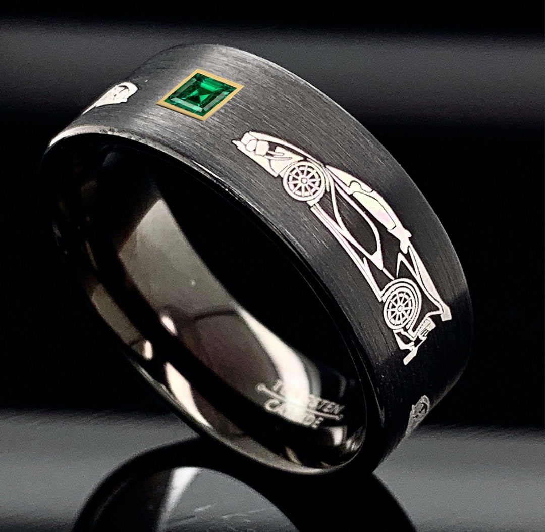 Black Tungsten Car Ring: Emerald Gemstone, Custom Engraved Band - Etsy