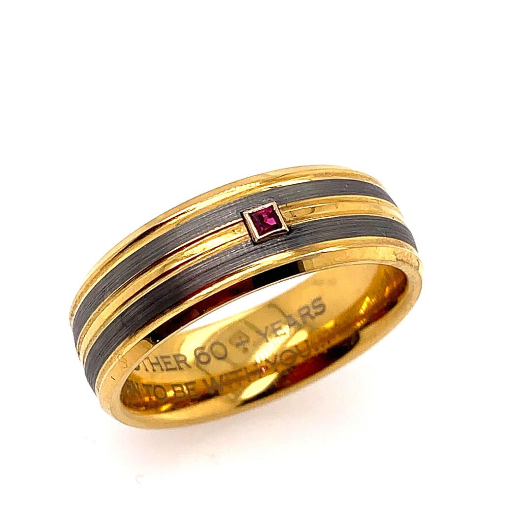 Gold Tungsten Wedding Ring: Princess Cut Ruby, Grooved Two Tone, Custom ...