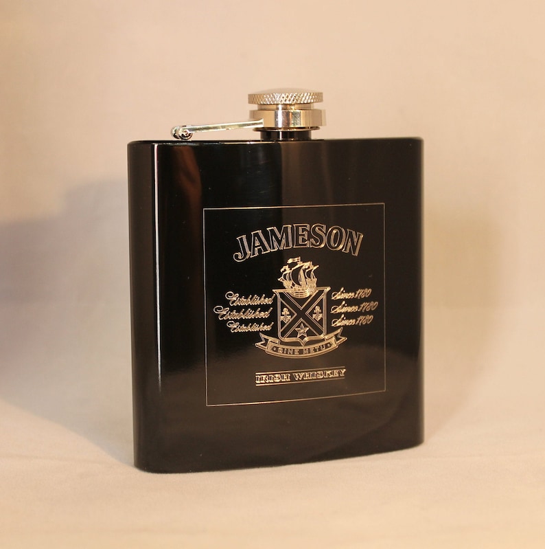 Jamerson Whiskey 6oz Black Hip Flask & Satin Lined Box, FREE ENGRAVING ...