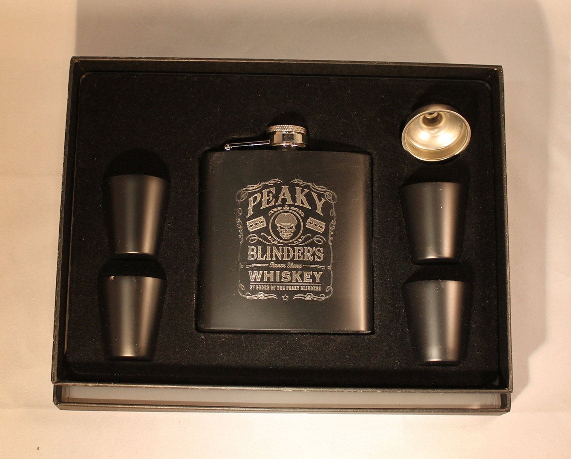 Peaky Blinders Skull Whiskey Hip Flask & 4 Shot Cups, FREE ENGRAVING ...