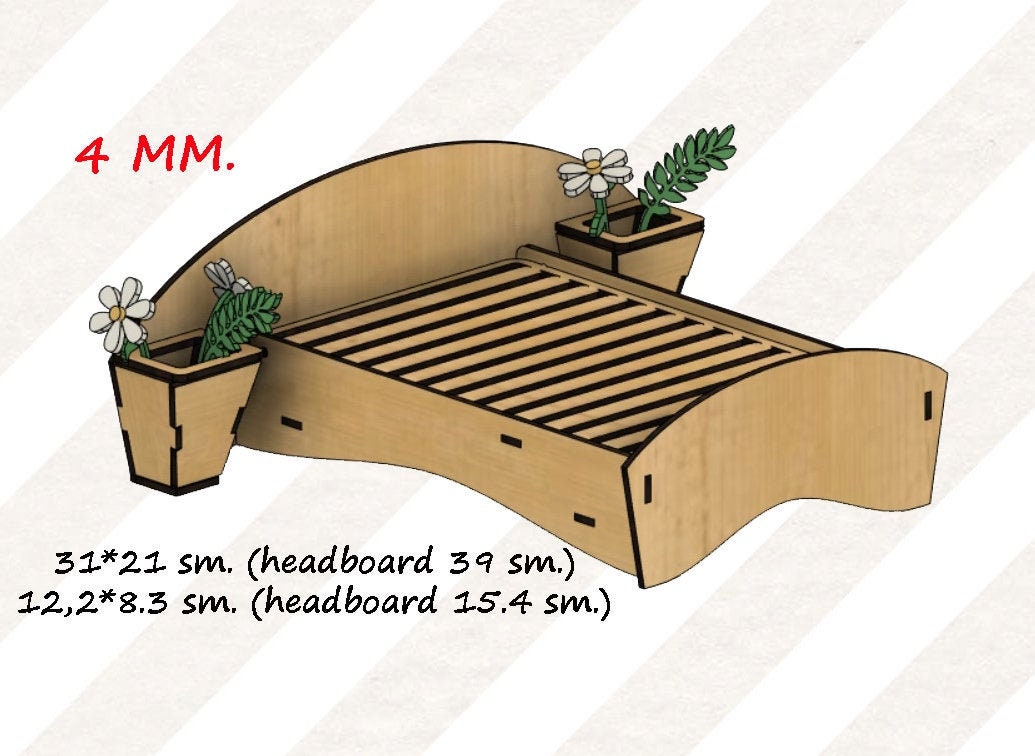 4 mm. double wooden bed toy vector svg file dollhouse bedroom Laser cut ...