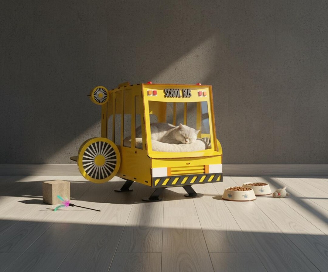 Laser Cut School Bus Cat House Plan: CNC Pet House SVG (digital ...