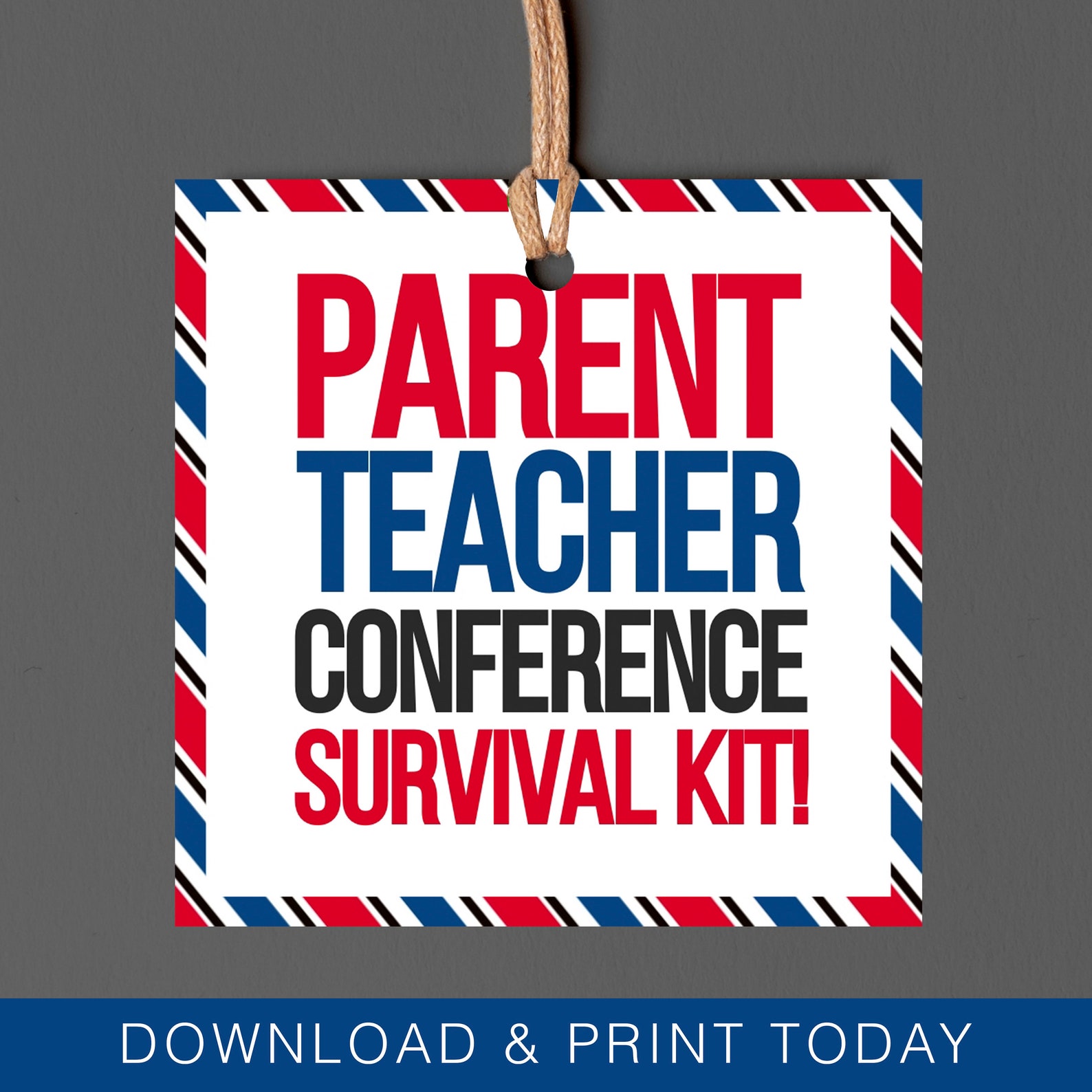 Parent Teacher Conference Survival Kit Square Gift Tags | Navy and Red ...