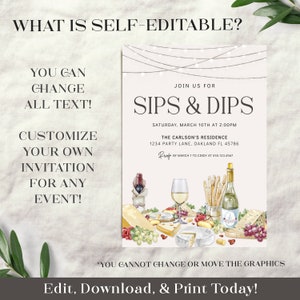 Editable Sips Dips Charcuterie Invitation Template Grazing Wine Cheese ...