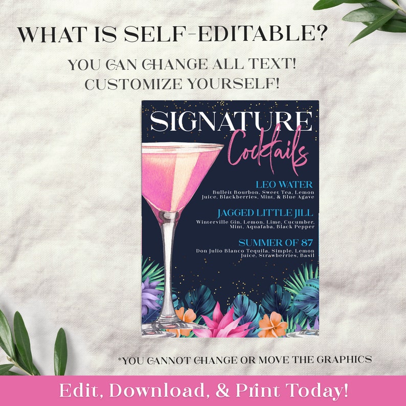 Editable Signature Cocktail Sign Confetti and Cocktails Watercolor Blue ...