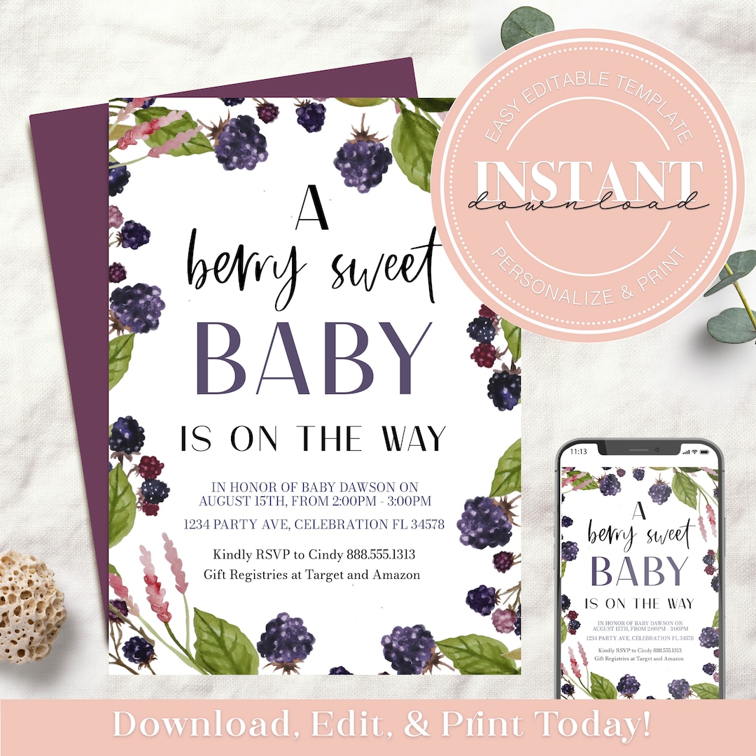 Editable A Berry Sweet Baby on the Way Blueberry Baby Shower Invite ...