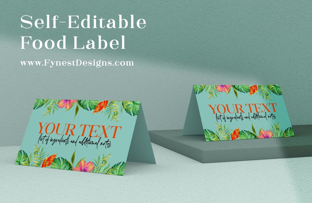 Editable Food Buffet Label Jungle Tropical Leaves Hawaiian 1st Birthday ...