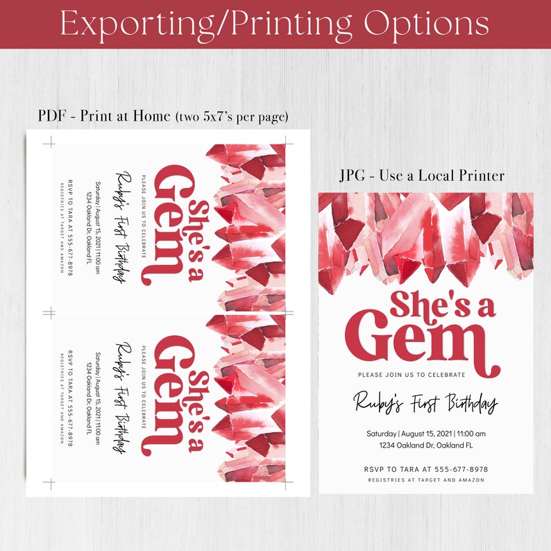 Editable Shes A Gem Ruby Crystal First Birthday Invitation Etsy