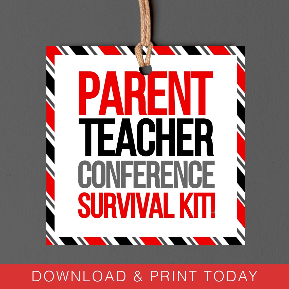 Parent Teacher Conference Survival Kit Square Gift Tags | Black and Red ...