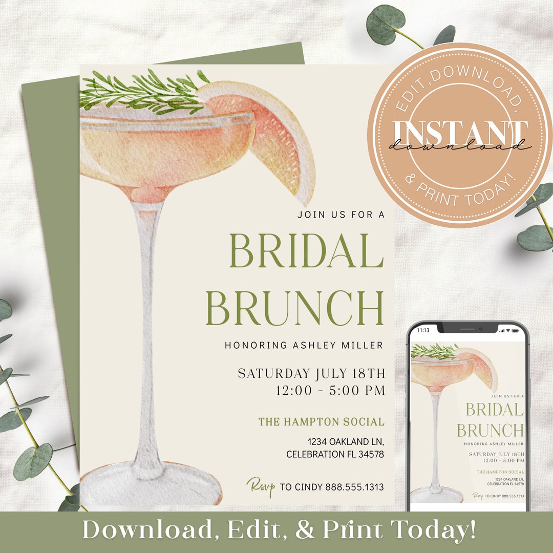 Editable Bridal Brunch Invitation Watercolor Spritzer Prosecco Sip Sip ...