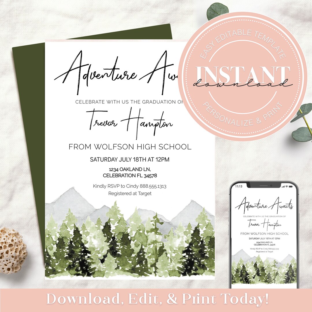 Editable Adventure Awaits Graduation Party Invitation Green Forest ...