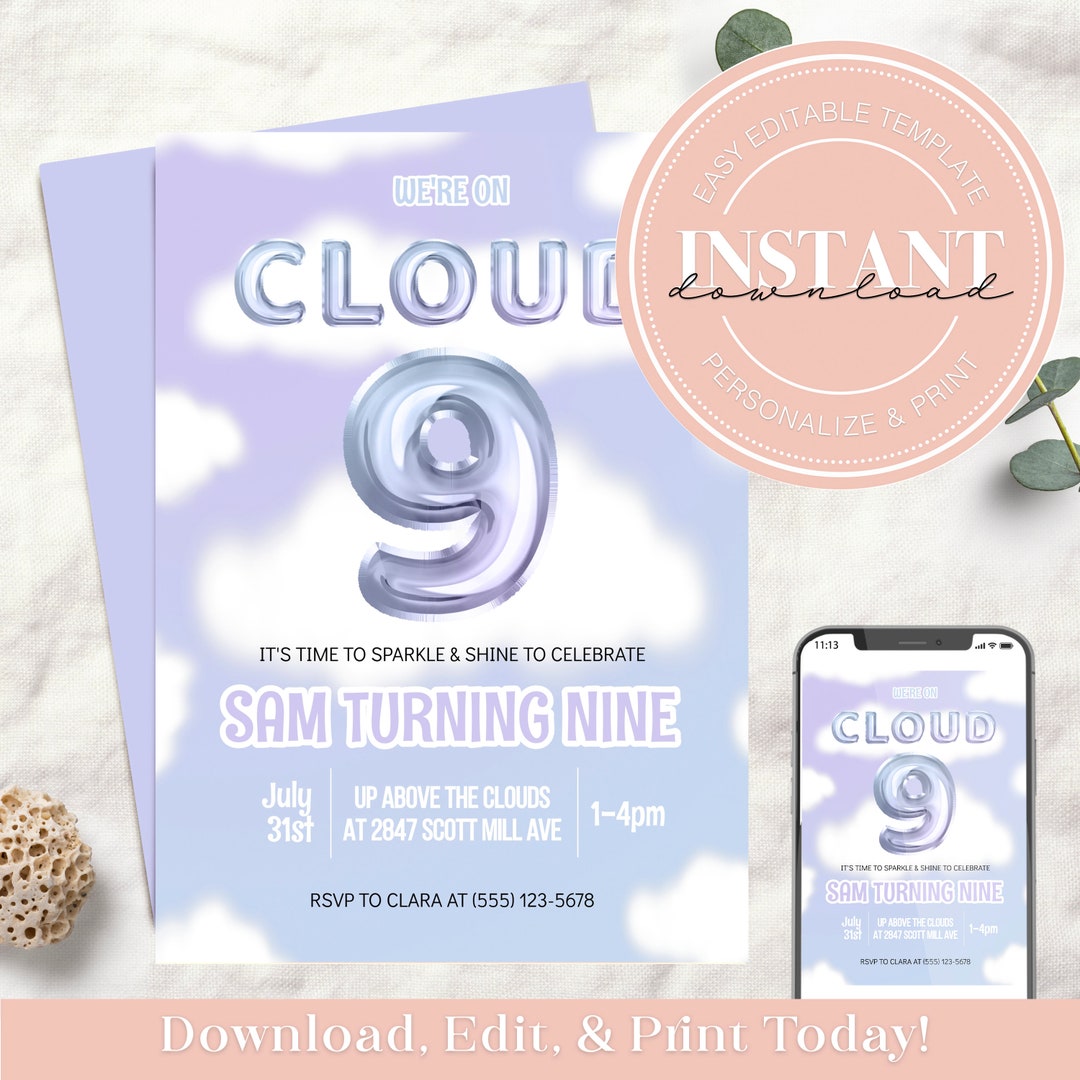 Editable Cloud 9 Blue Purple Birthday Party Invitation | Dream ...