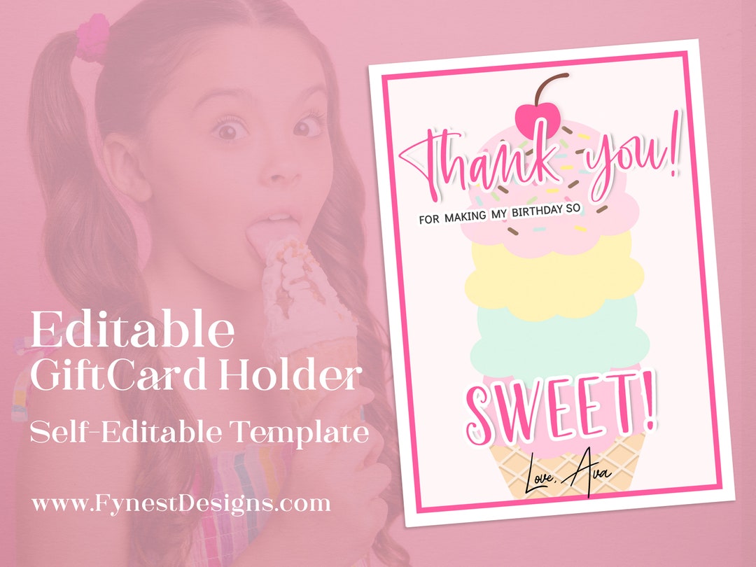 Editable Ice Cream Birthday Giftcard Favor Tag Printable Employee ...