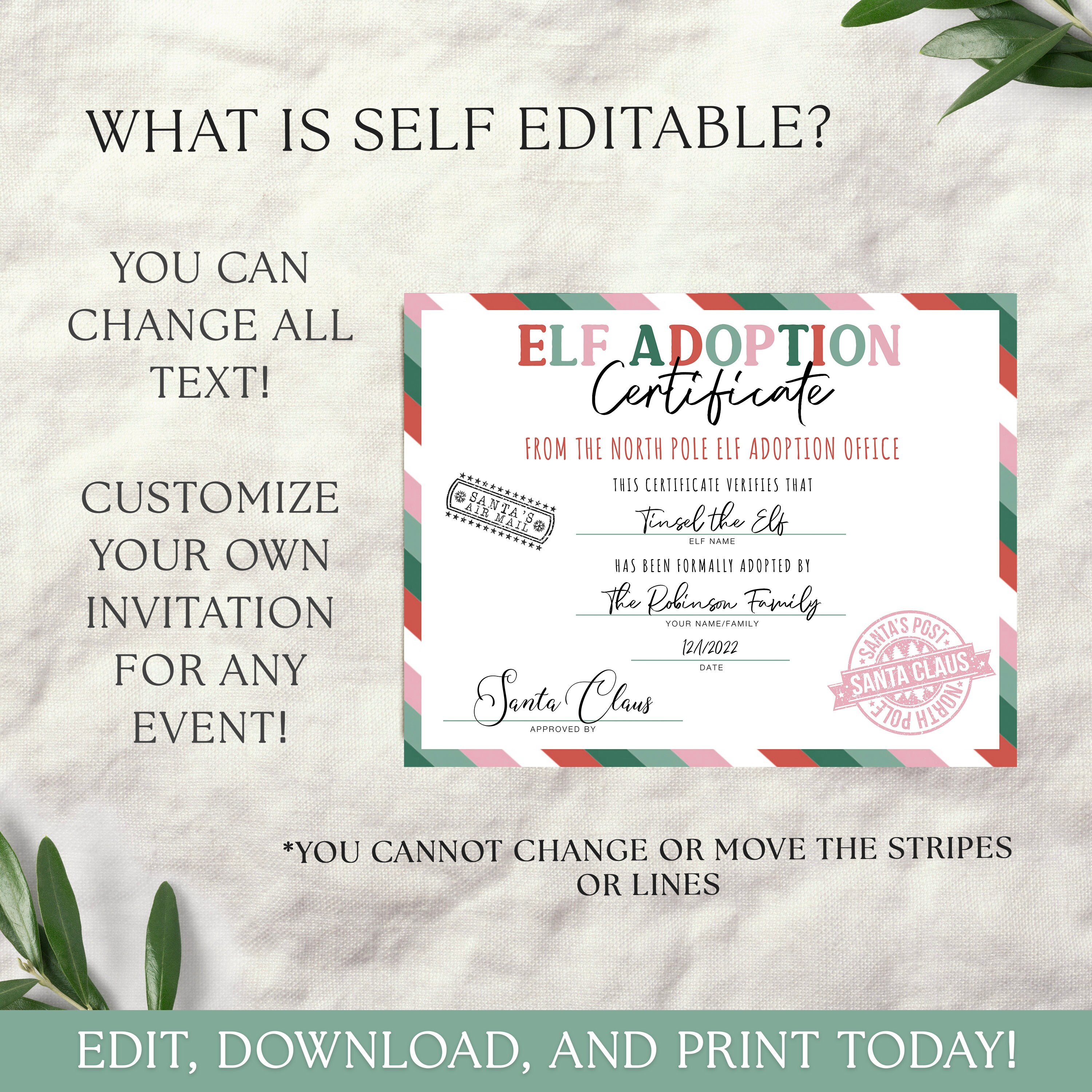 Editable Christmas Elf Adoption Certificate Self Editable - Etsy