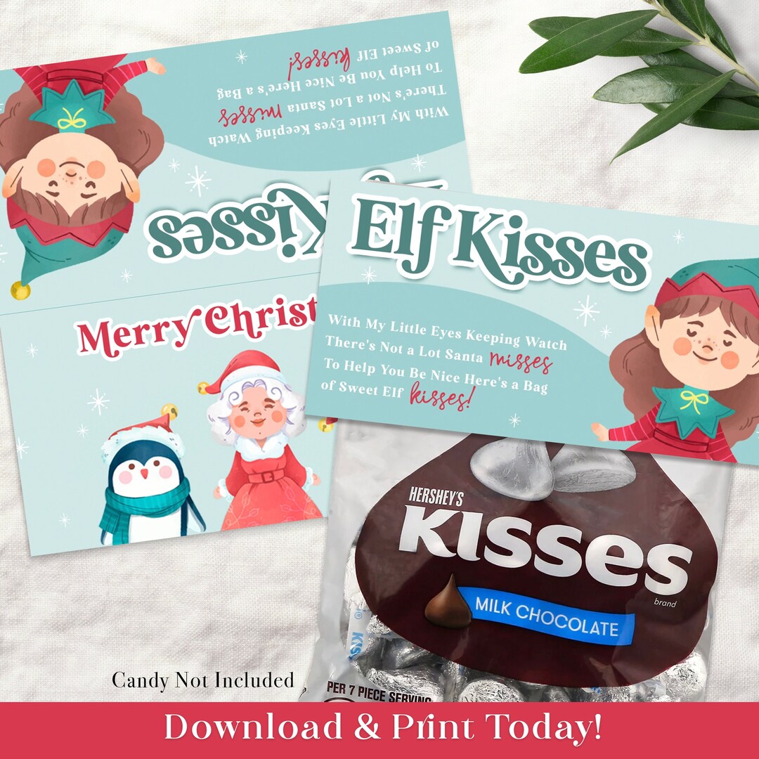 Elf Kisses Bag Toppers | Christmas Elf Favor Bags Ideas Snack Printable ...