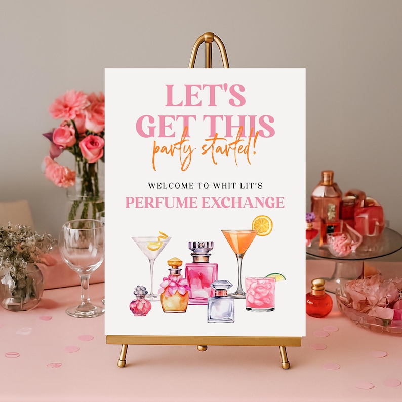 Editable Perfume Swap Welcome Sign Template Watercolor Perfume Bottle ...