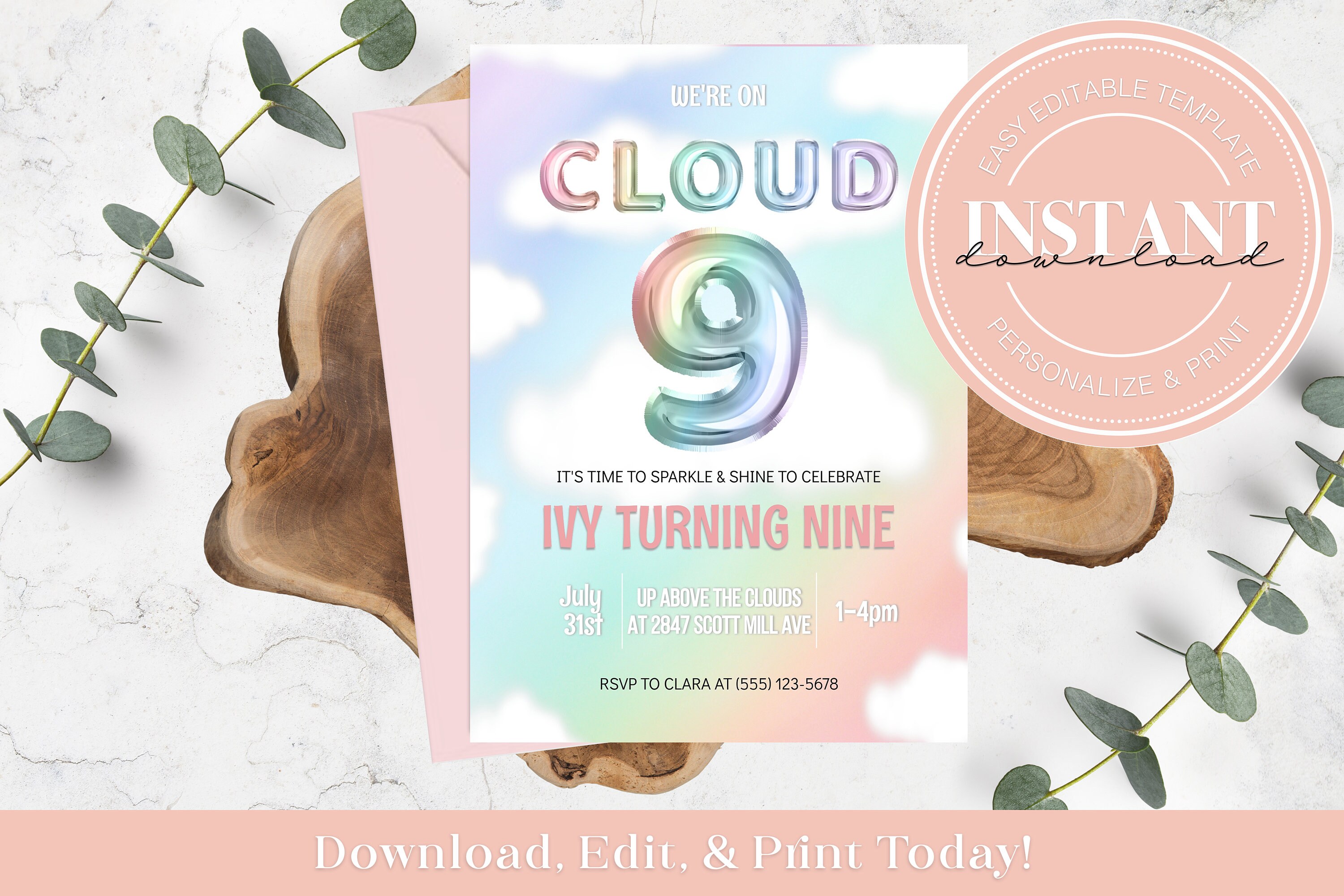 Editable Cloud 9 Rainbow Birthday Party Invitation Dream - Etsy