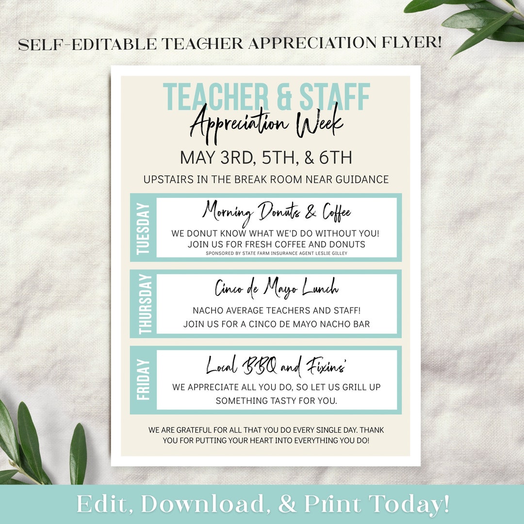 Editable Teacher Appreciation Staff Information Flyer Family Newsletter ...