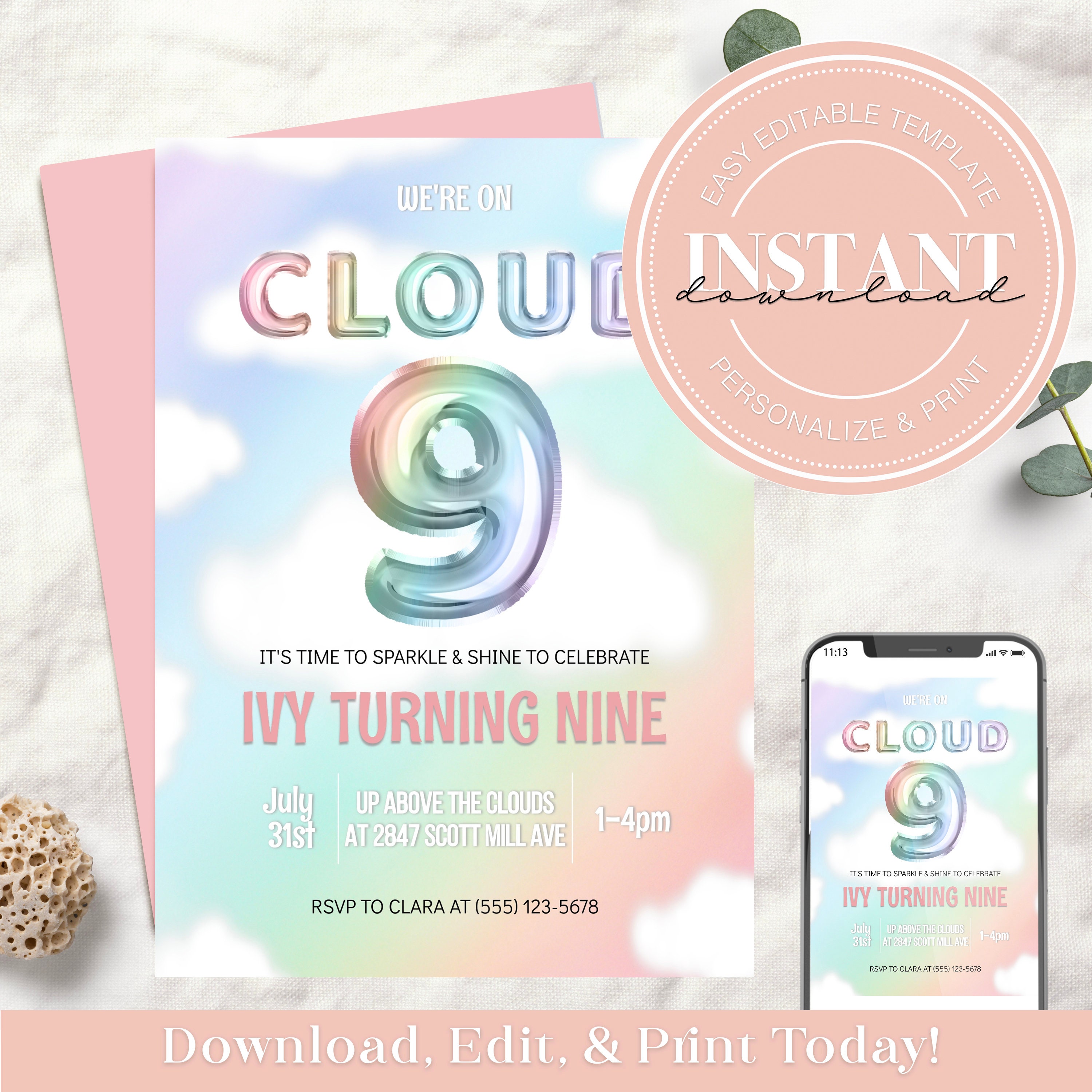 Editable Cloud 9 Rainbow Birthday Party Invitation | Dream Sleepover ...