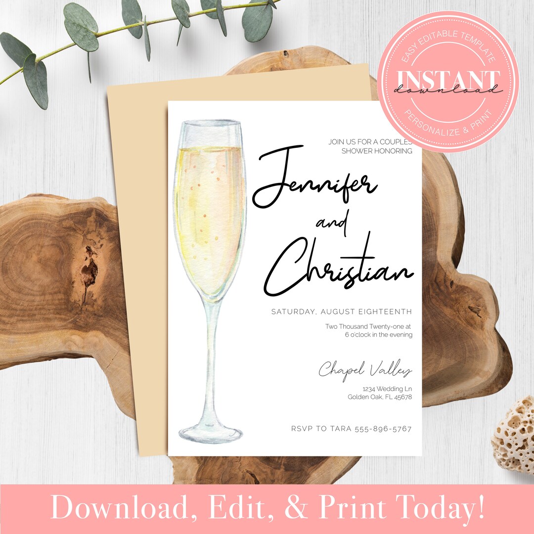 Editable Watercolor Prosecco Couple Shower Invitation Template | Self ...
