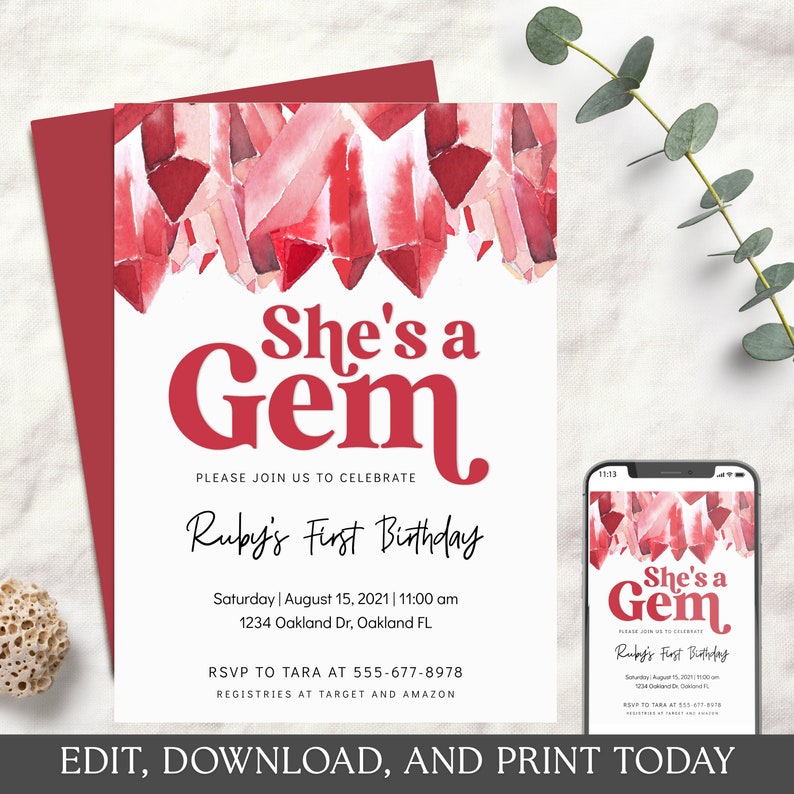 Editable Shes a Gem Ruby Crystal First Birthday Invitation - Etsy