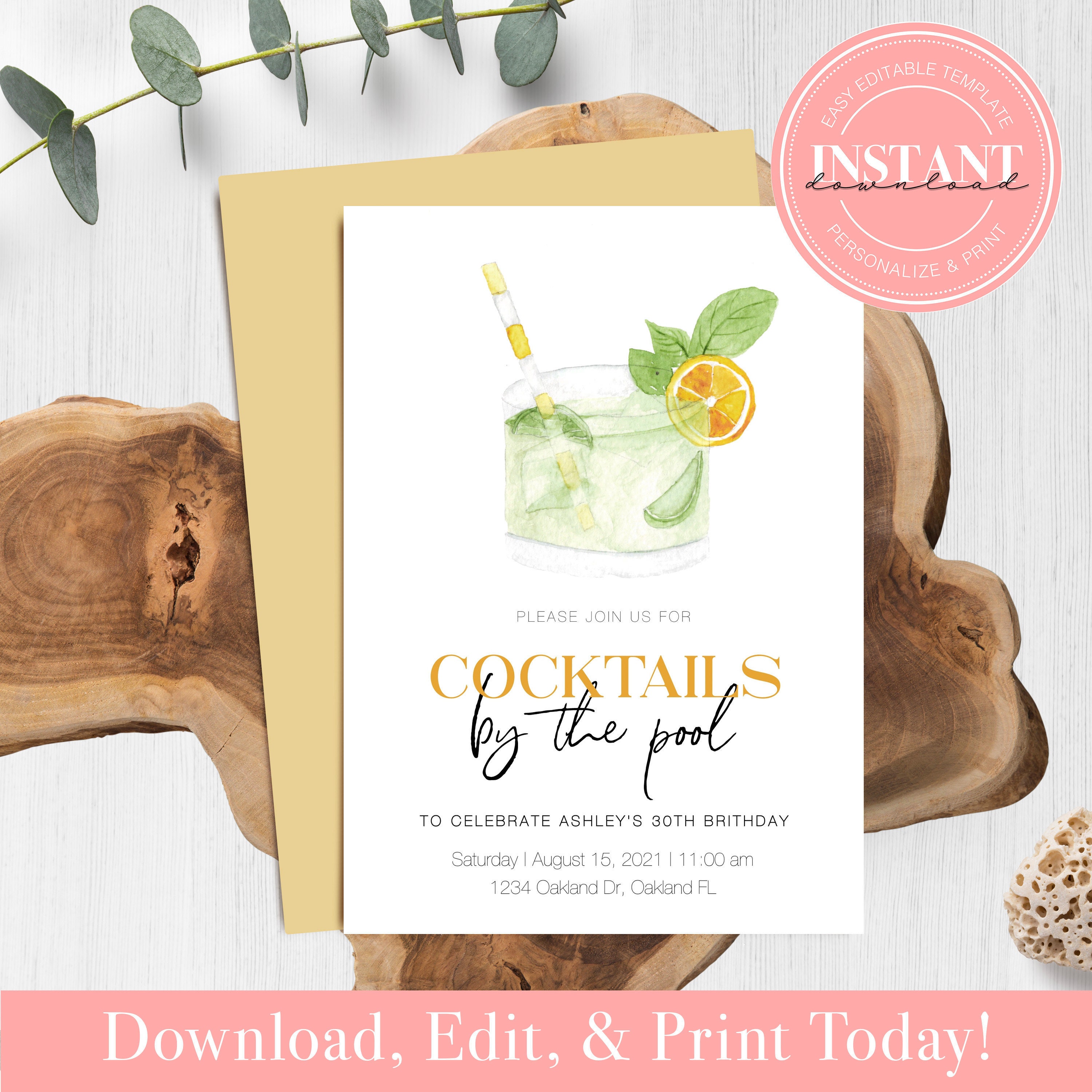 Editable Watercolor Cocktails by the Pool Invitation Template | Print ...