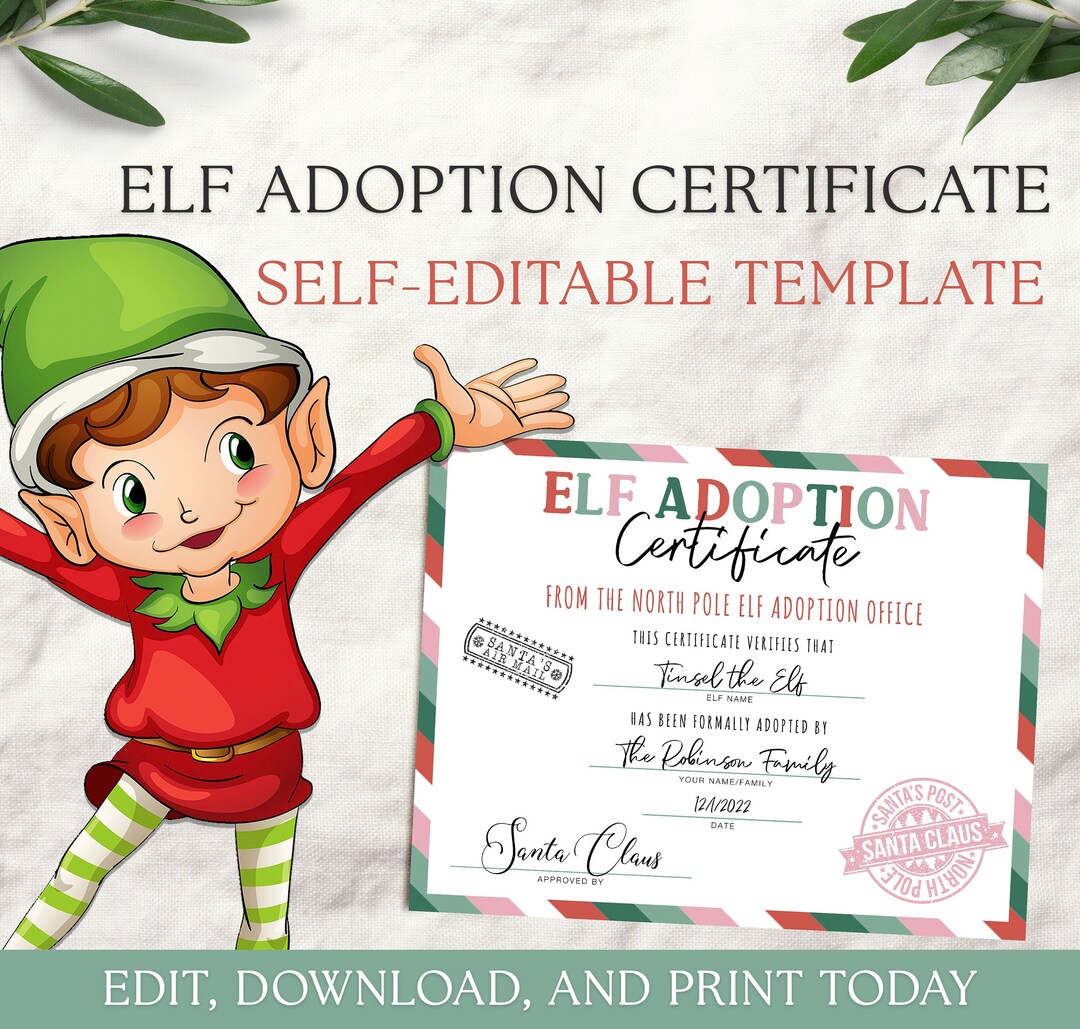 Editable Christmas Elf Adoption Certificate Self Editable Template ...