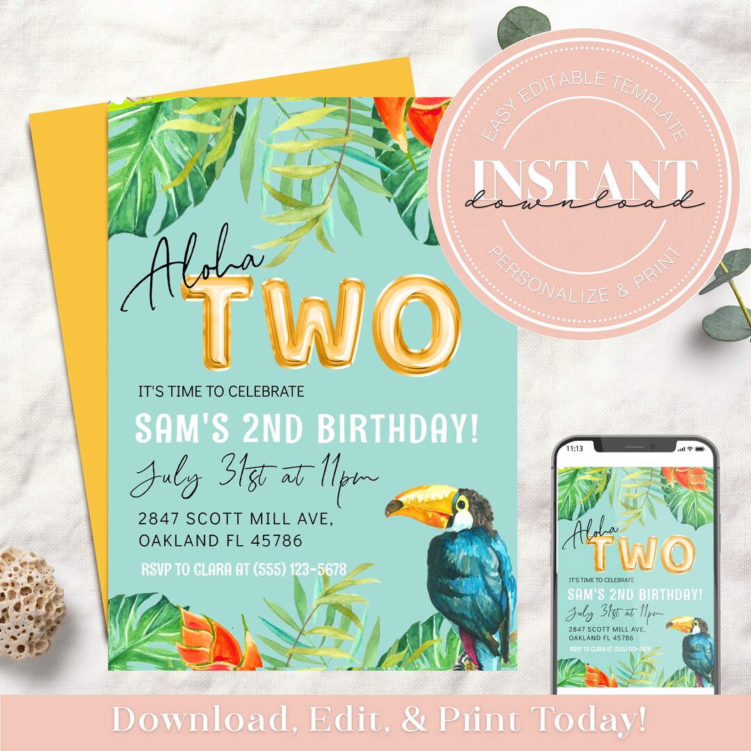 Editable Aloha Two Birthday Party Invitation | Gender Neutral Jungle ...