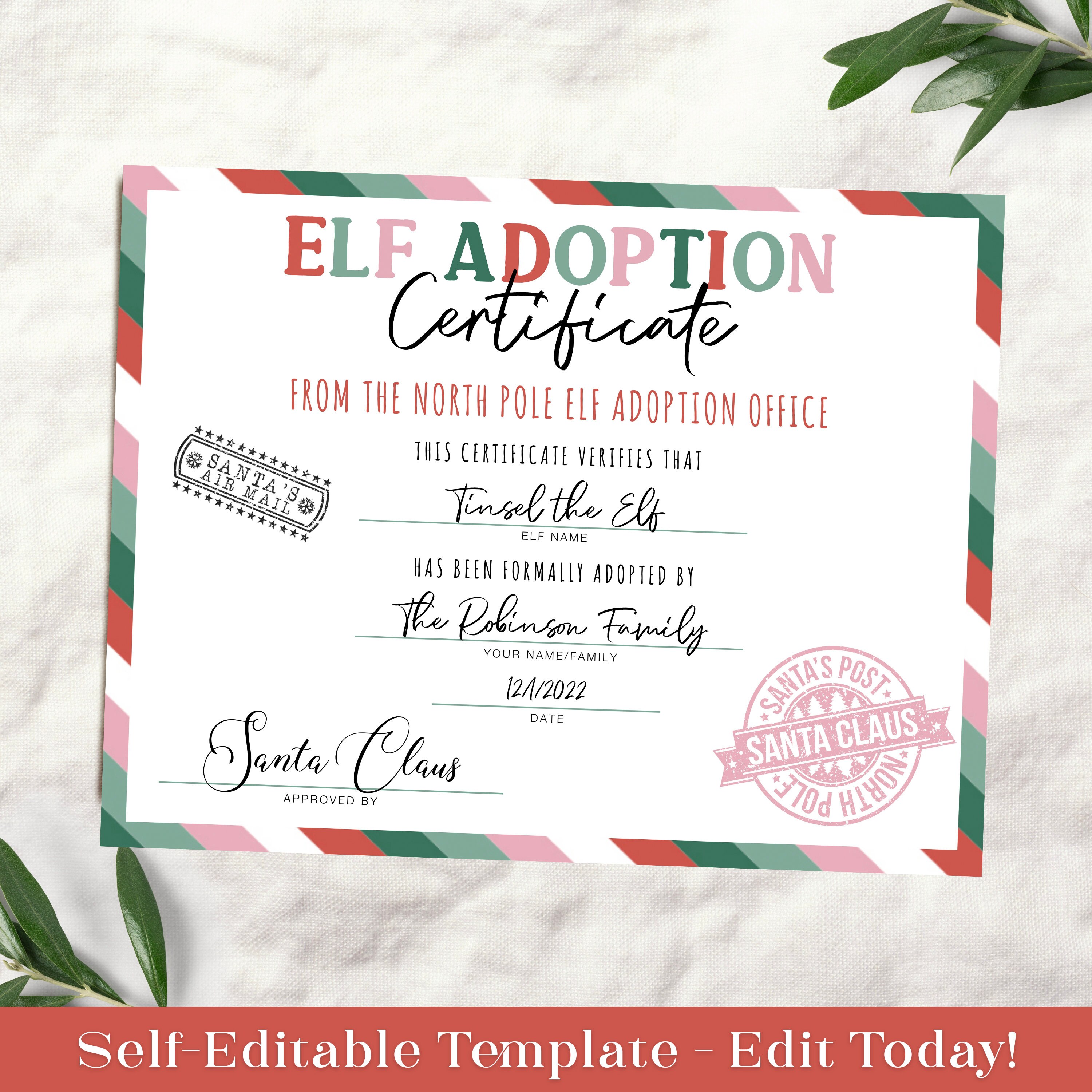 Editable Christmas Elf Adoption Certificate Self Editable - Etsy