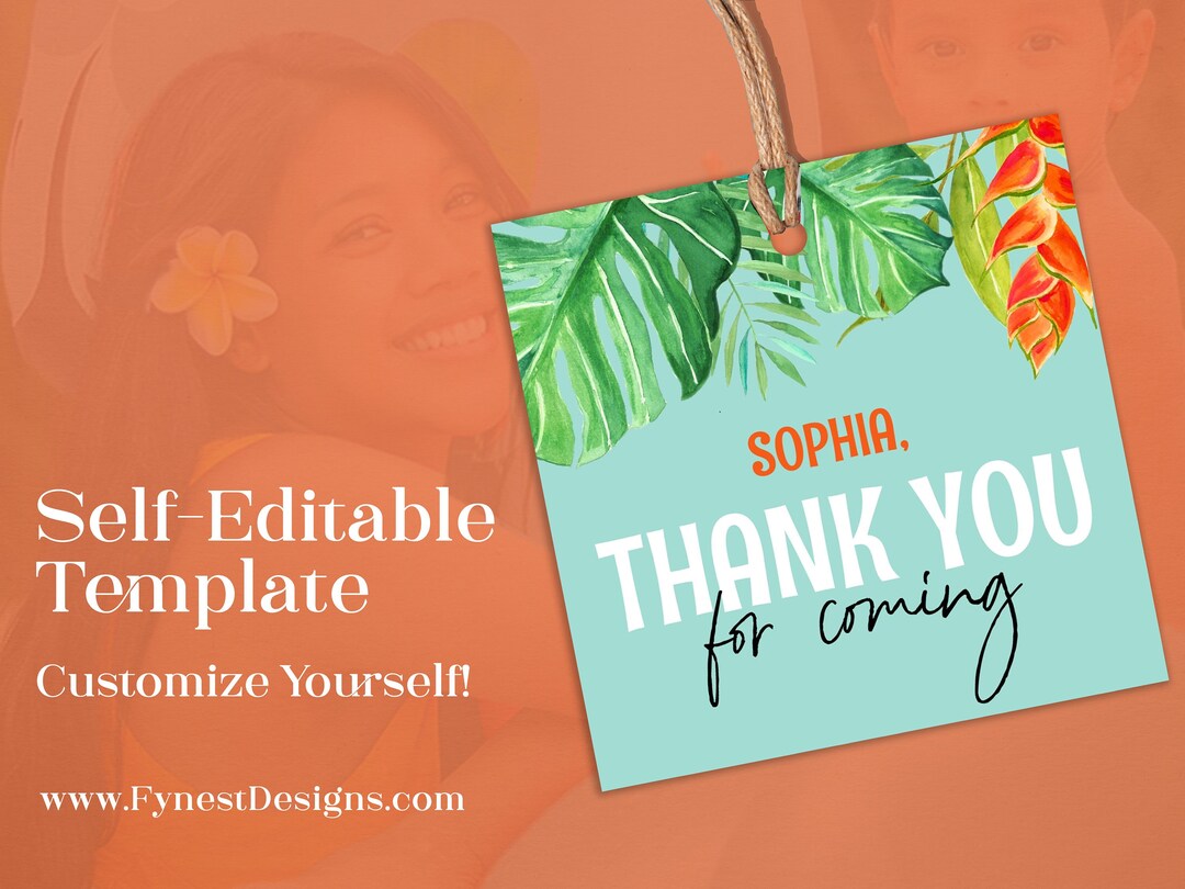 Editable Square Thank You Favor Gift Tag | Jungle Tropical Leaves ...