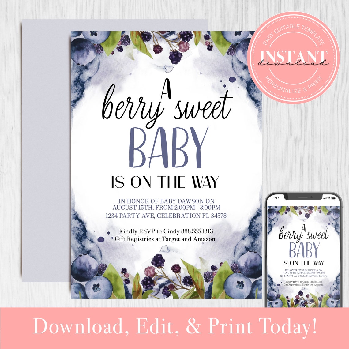 Editable Berry Blueberry Baby Shower Invitation | Berry Sweet Baby is ...