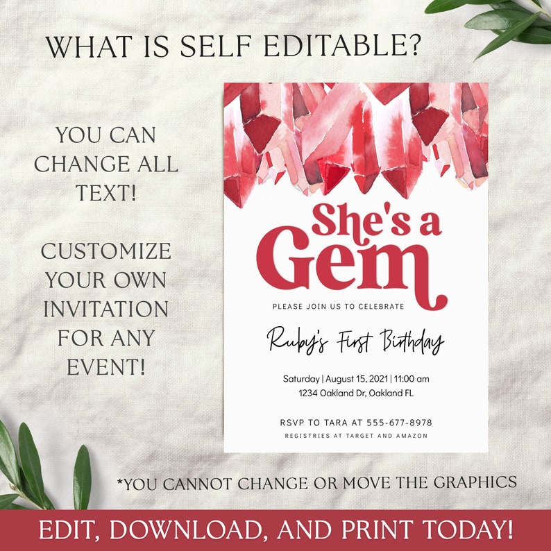 Editable Shes a Gem Ruby Crystal First Birthday Invitation - Etsy