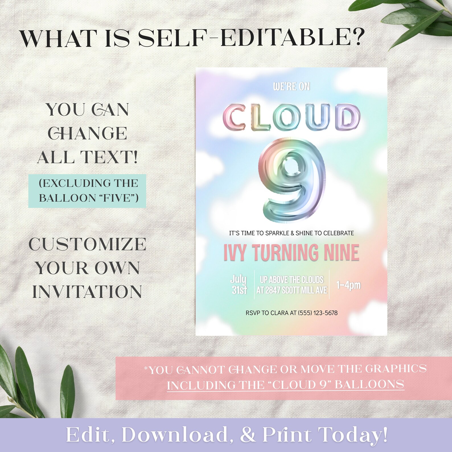 Editable Cloud 9 Rainbow Birthday Party Invitation Dream - Etsy