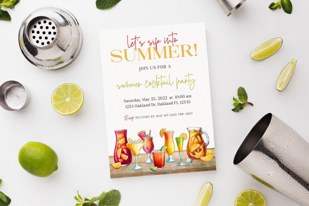 Editable Cocktail Summer Kickoff Party Invitation Drink Assortment Rum ...