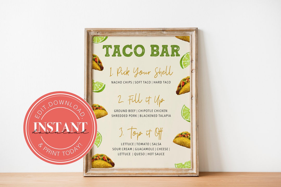 Editable Taco Bar Sign Instant Download | Taco and Tequila Fiesta Party ...