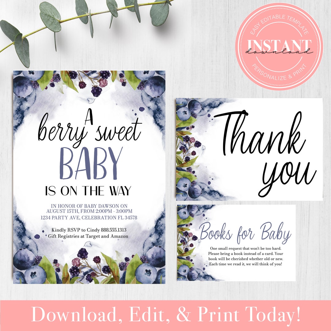 Editable Berry Blueberry Baby Shower Bundle Set of 3 | Berry Sweet Baby ...