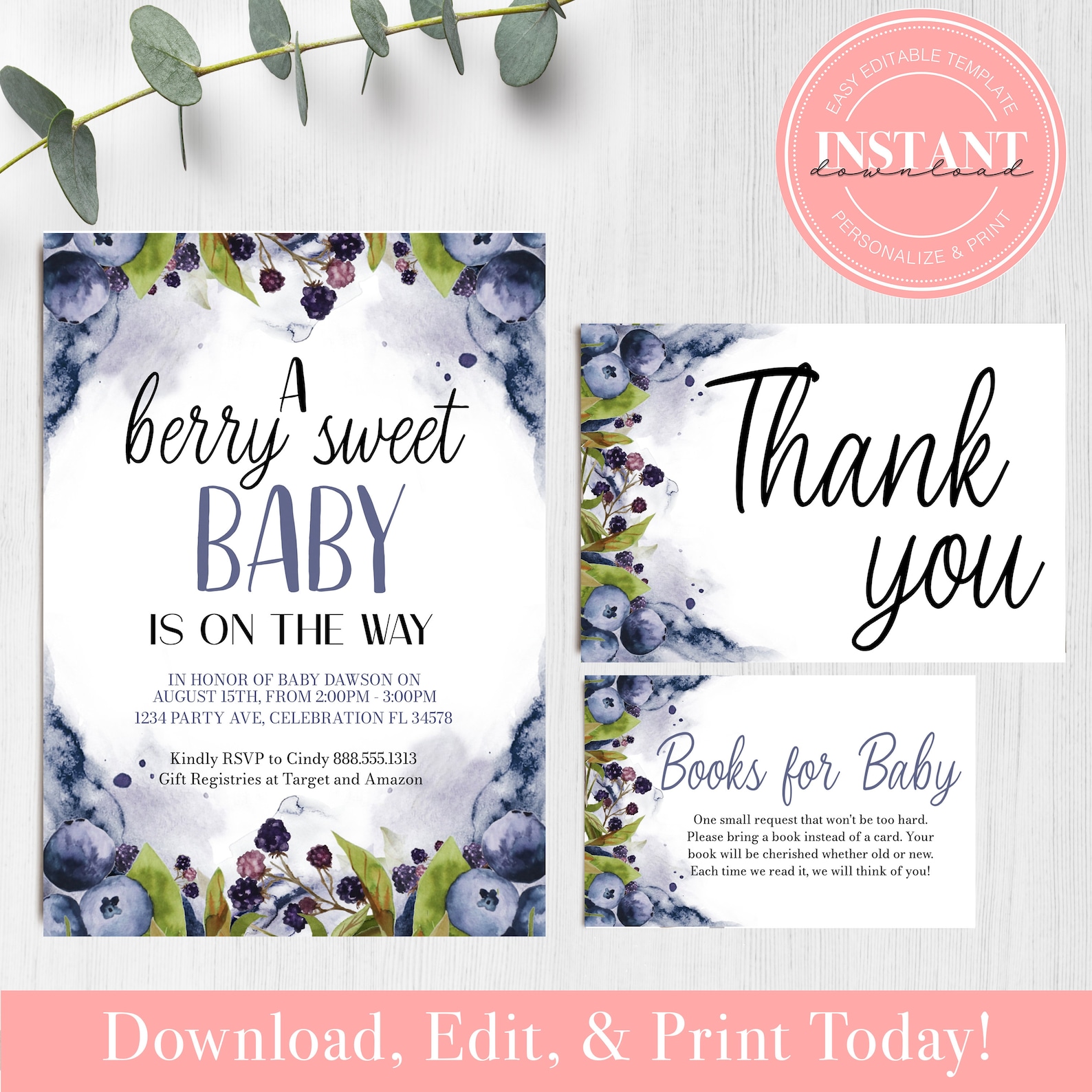 Editable Berry Blueberry Baby Shower Bundle Set of 3 | Berry Sweet Baby ...