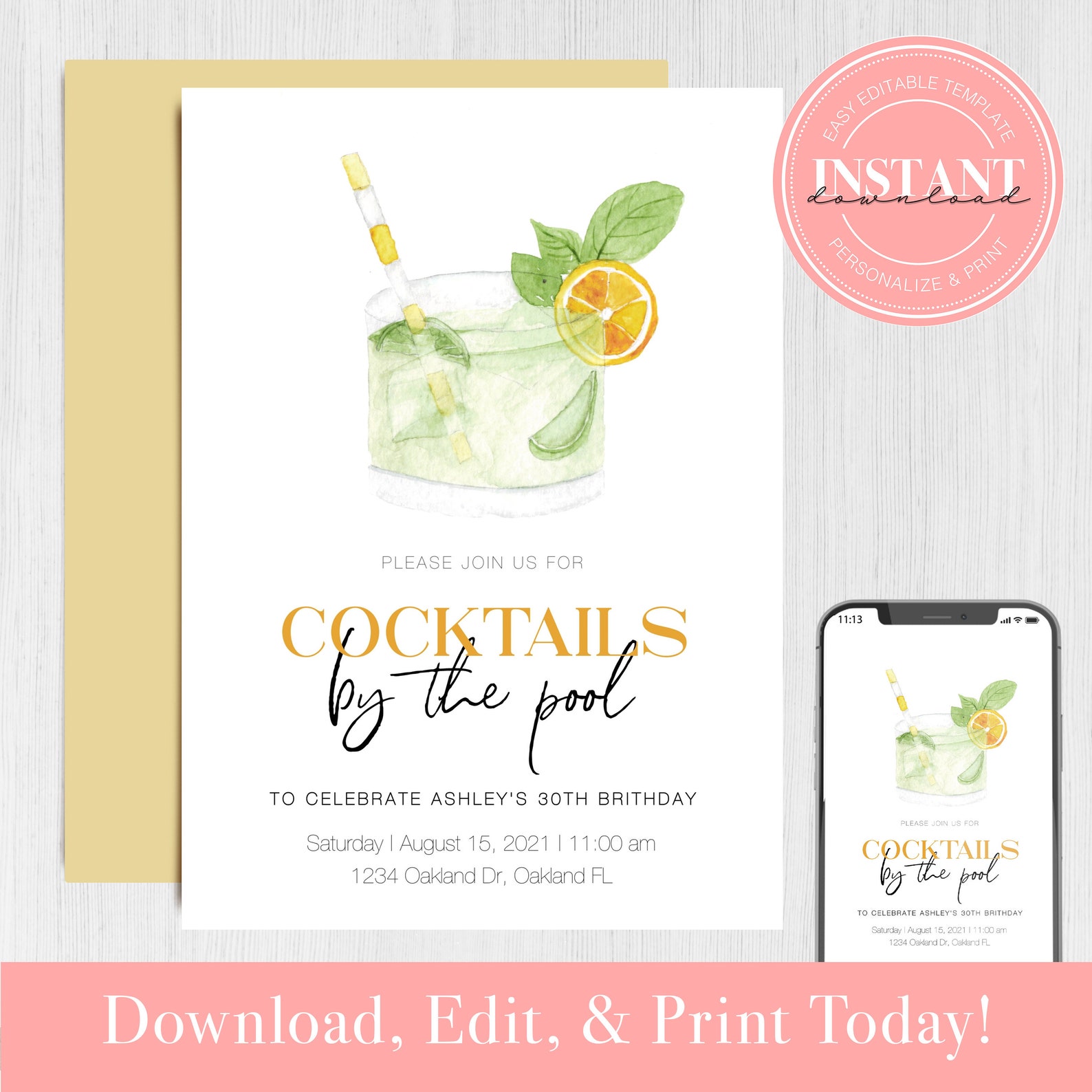 Editable Watercolor Cocktails by the Pool Invitation Template | Print ...