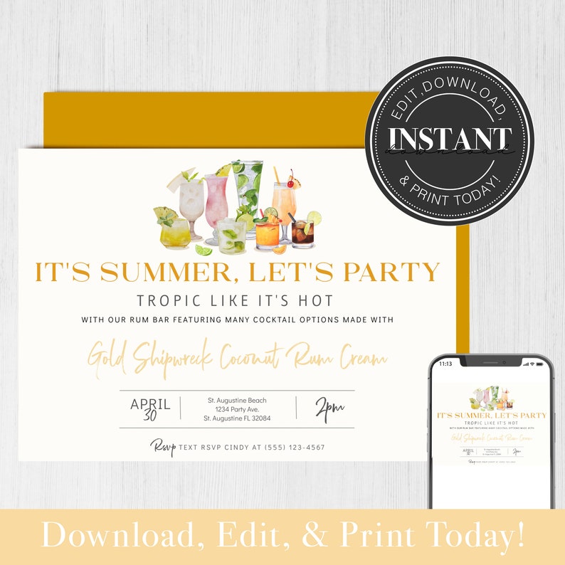 Editable Rum Cocktails Summer Kickoff Invitation Bridal - Etsy
