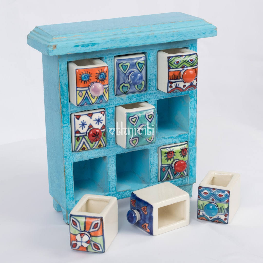 Mini Chest Ceramic Drawer Unit Table Top Vintage Hand Painted 9 Drawers ...
