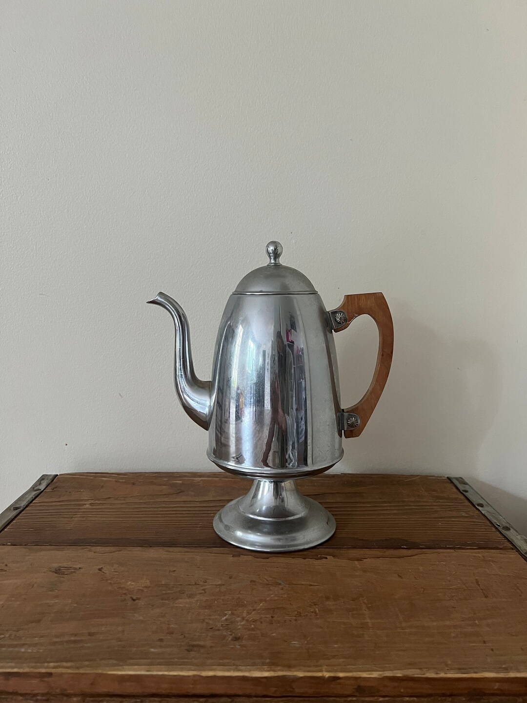 Vintage Silver Metal Coffee Pot With Wooden Handle, Silver Metal Coffee ...