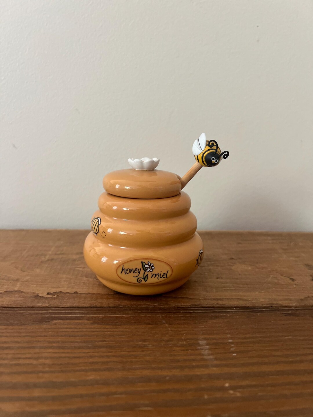 Vintage Honey Pot With Honey Dipper, Bee Themed Miel Honey Pot, Vintage ...