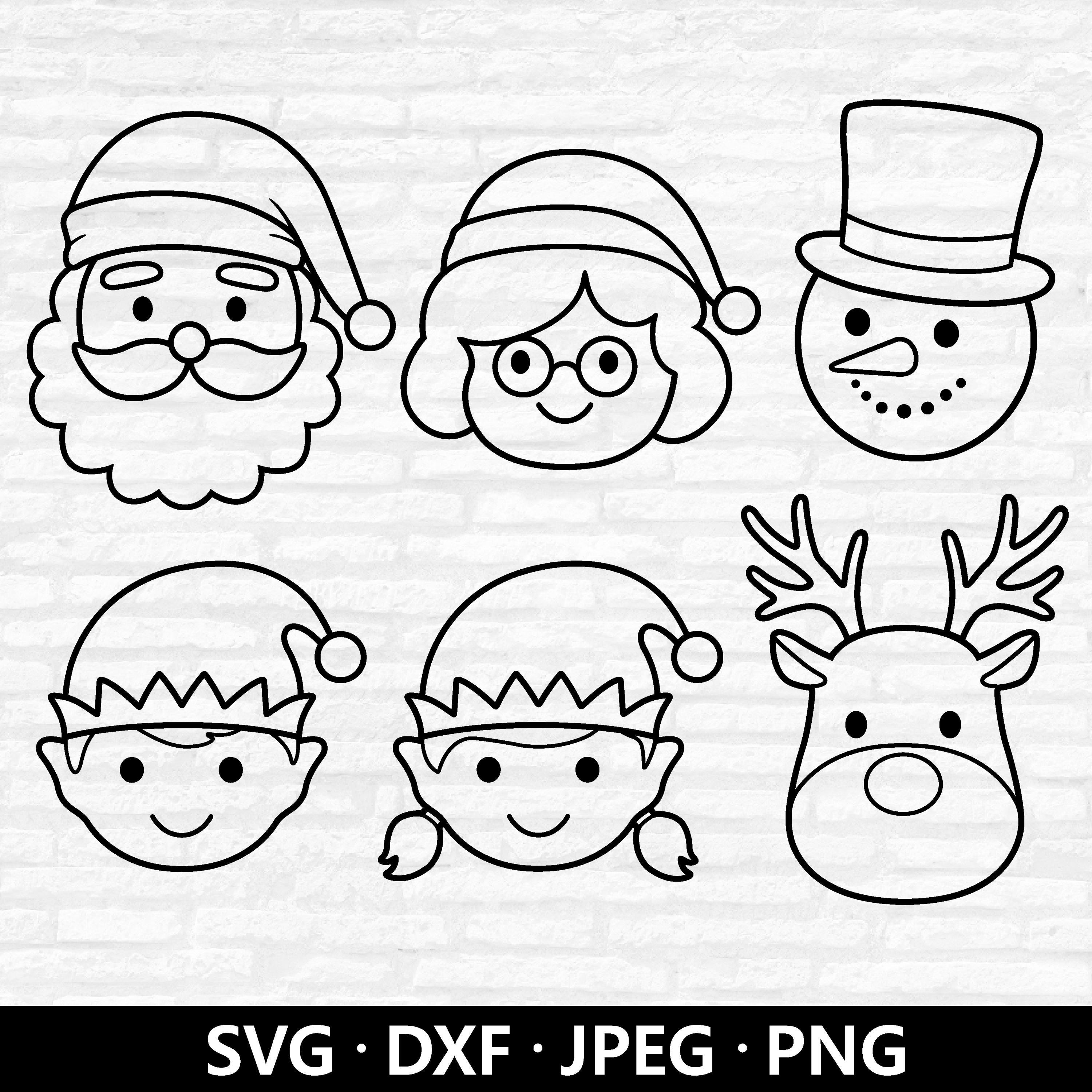 Christmas Face Outline SVG: Santa, Reindeer, Elf Clipart (digital ...