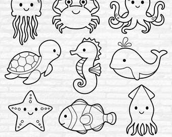 Sea Animals Outline Svg,cut File Bundle,ocean,starfish,dolphin,turtle ...