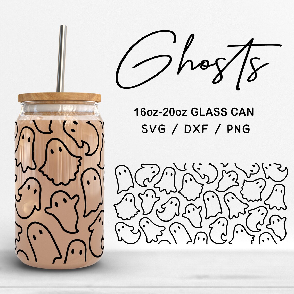 Ghost Glass Can Wrap SVG | Halloween Clipart, 16oz-20oz Ghosts Pattern ...