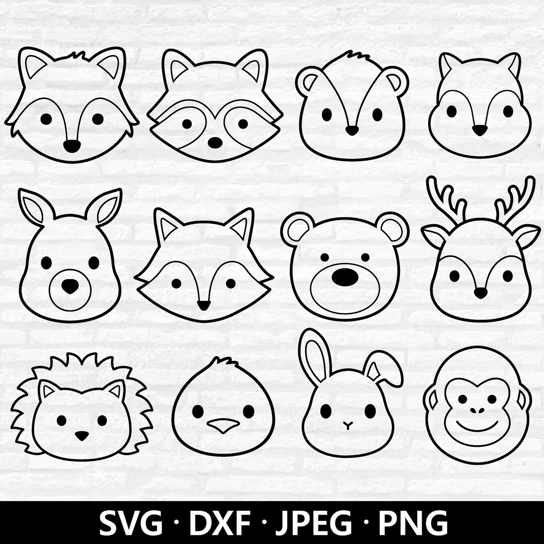 Woodland Animal Face Outline SVG, Cute Animal SVG Bundle, Wolf Raccoon ...