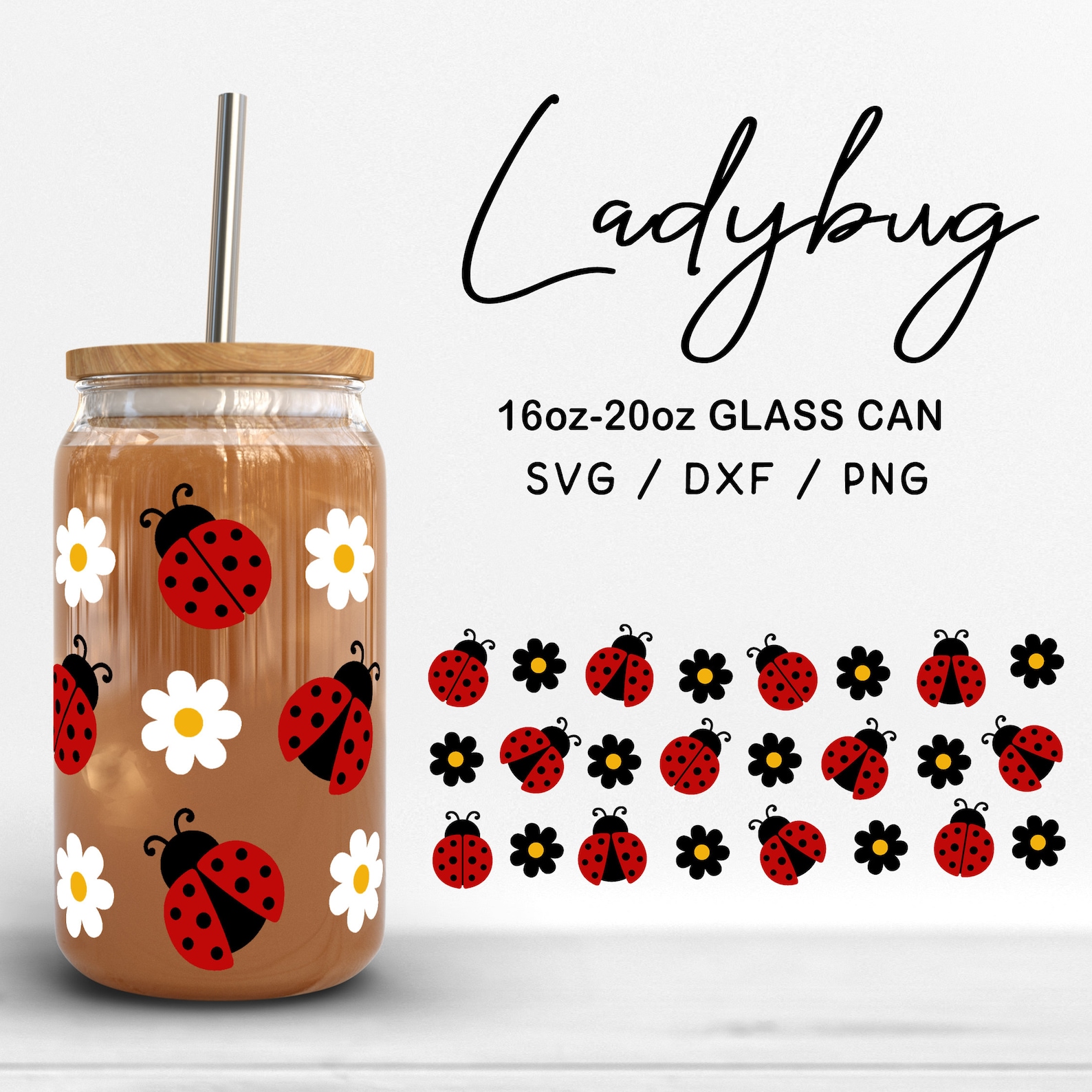 Ladybug Daisy Glass Can Wrap SVG: 16oz 20oz Tumbler Cut Files (digital ...