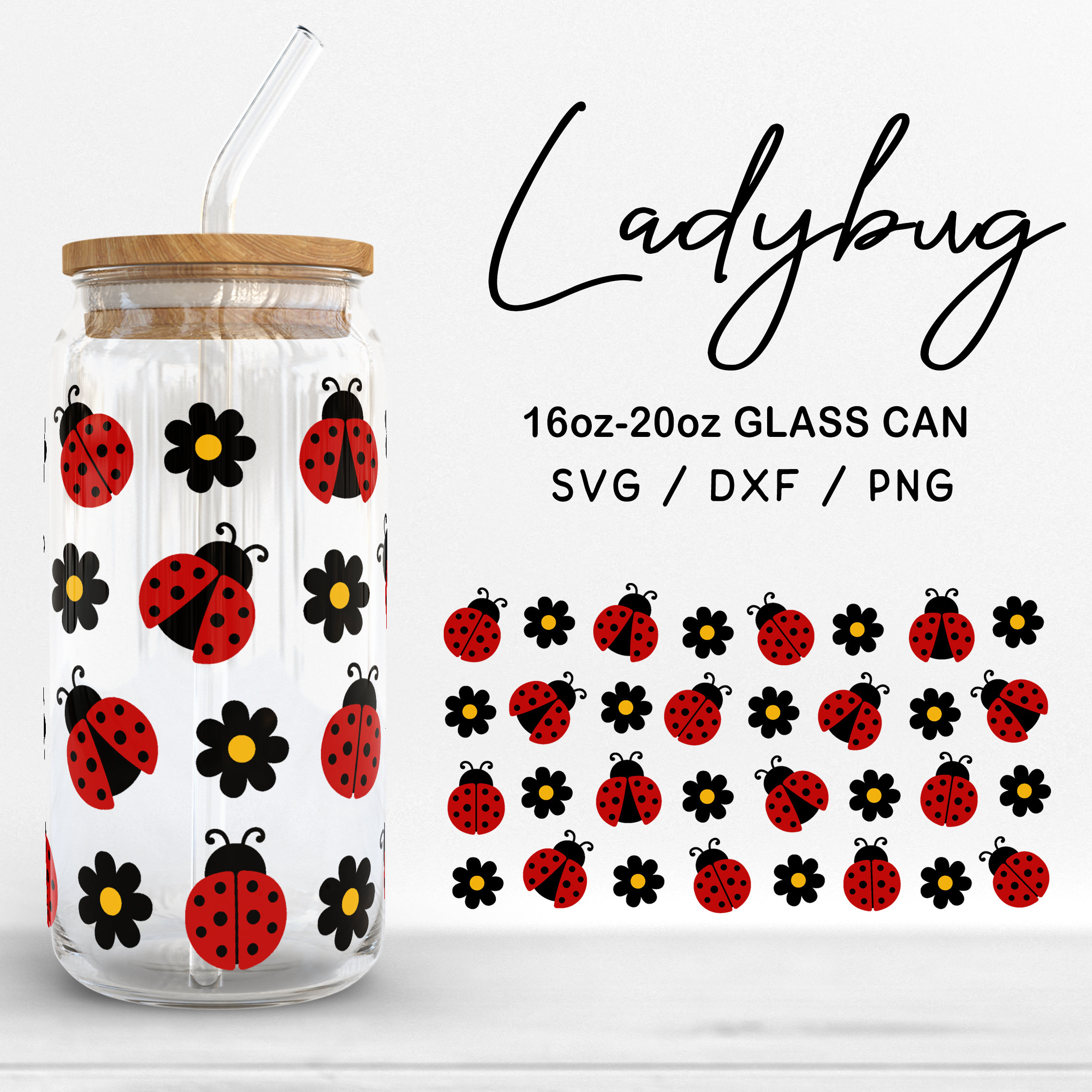 Ladybug Daisy Glass Can Wrap SVG: 16oz 20oz Tumbler Cut Files (digital ...