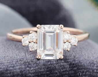 2pcs Emerald Cut Moissanite Engagement Ring Rose Gold Cluster - Etsy